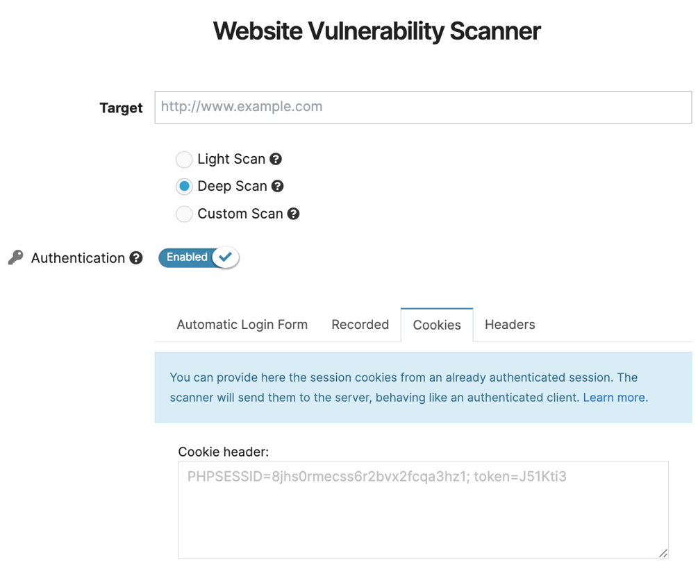 How to perform Cookie Authentication with Website Scanner