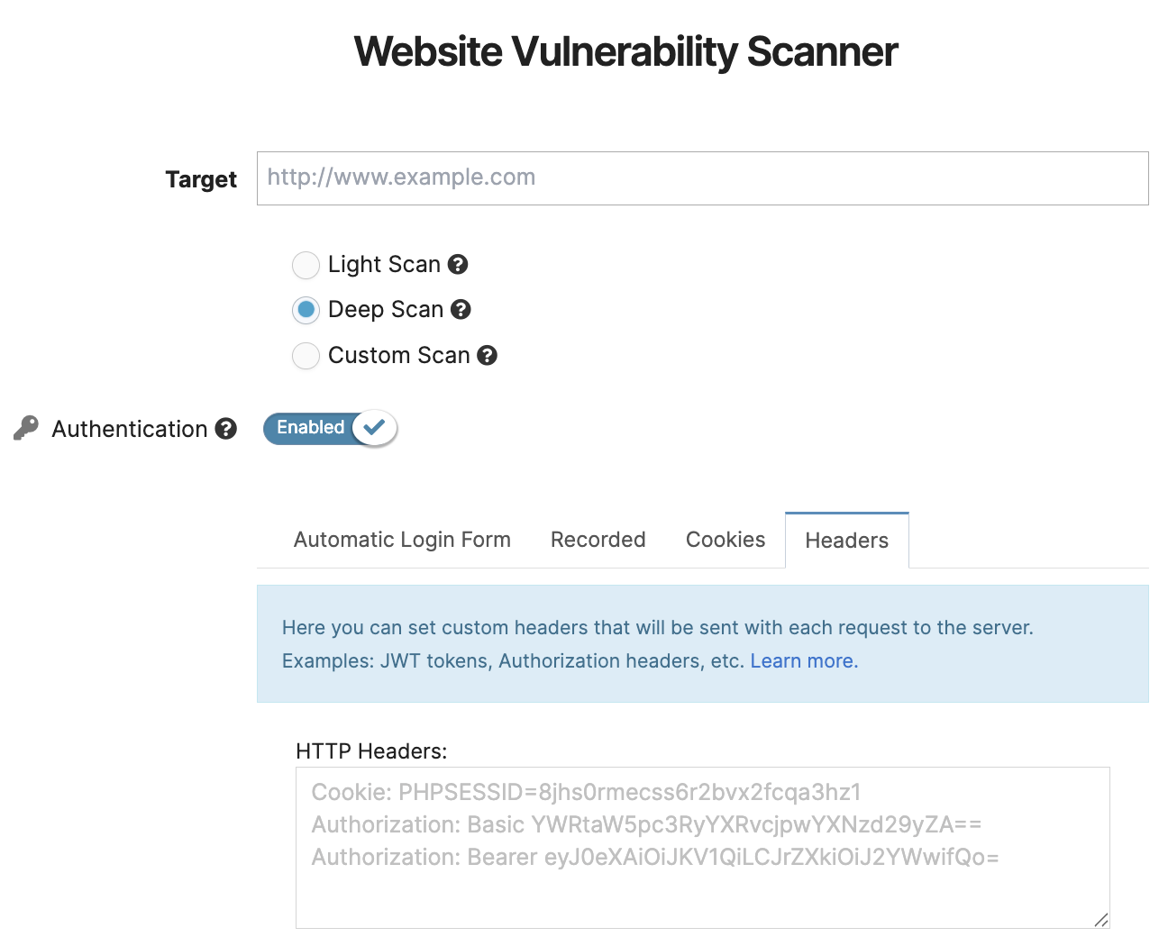 How to perform Headers Authentication with Website Scanner